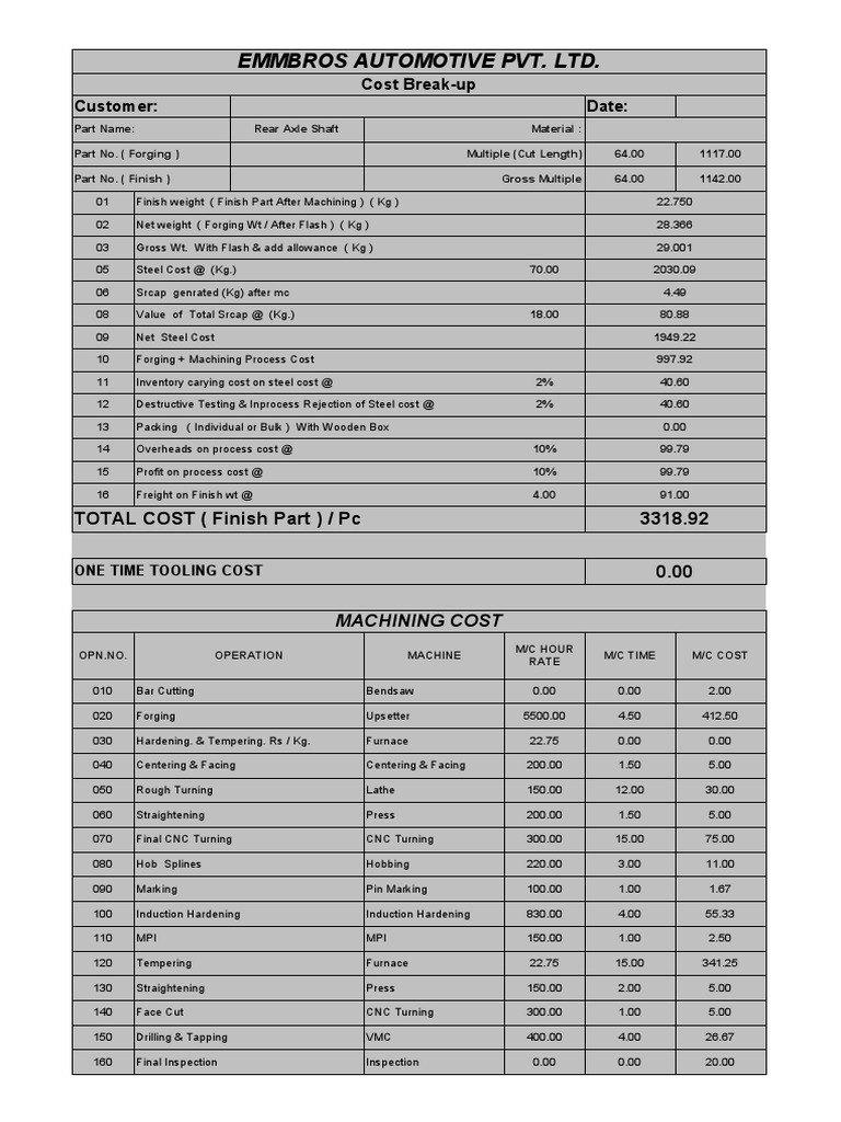 Axle Costing Sheet Format 1 | PDF | Forging | Steel