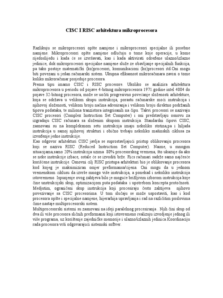 CISC I RISC Arhitektura Mikroprocesora | PDF