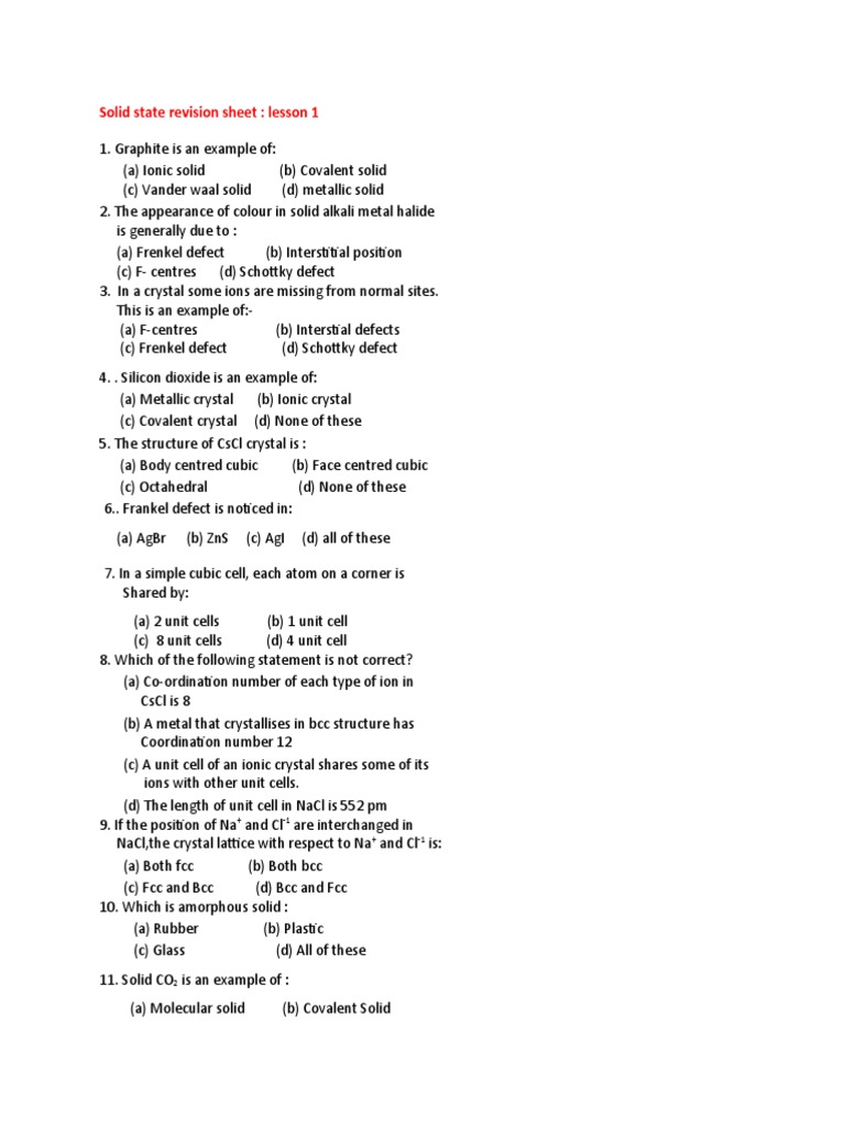 Solid State Chemistry Revision Sheet | PDF | Crystal Structure ...
