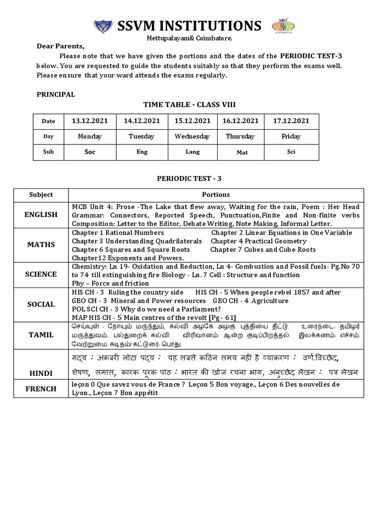 Class 8 - Portions & Time Table (Dec '21) | PDF