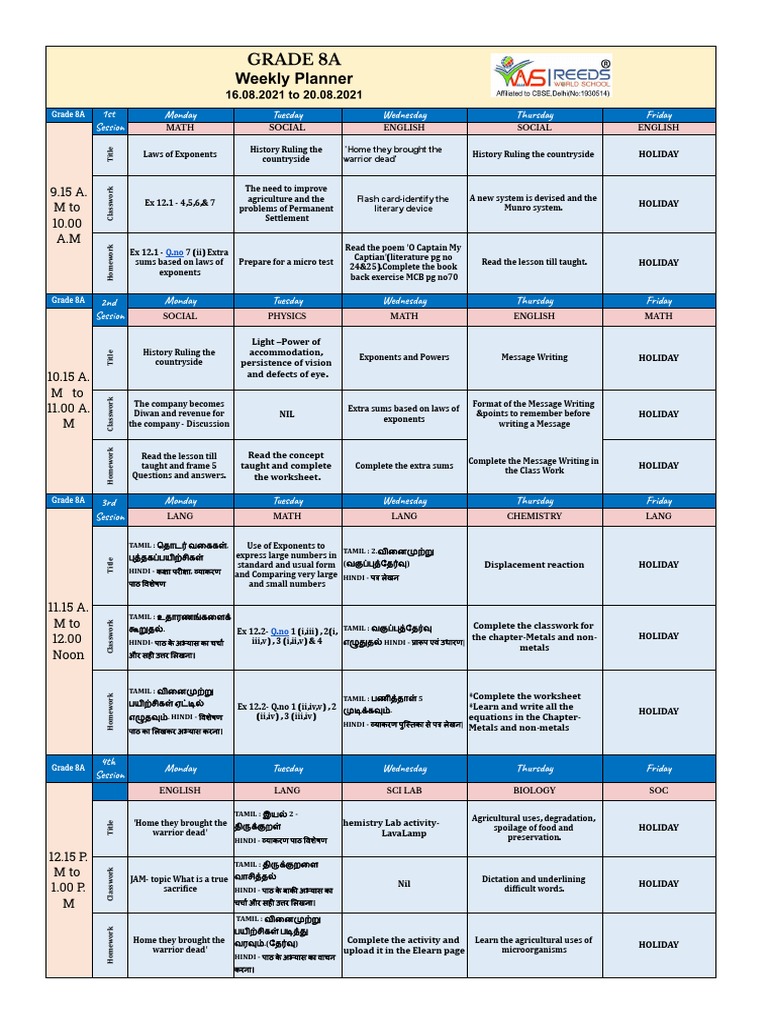 Grade 8 Class Timetable and Subject Schedule for the Week | PDF