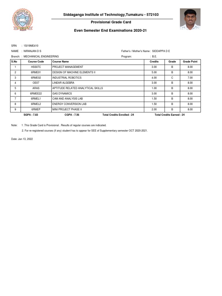 1SI19ME410 Provisional Grade Card | PDF | Engineering | Science And ...