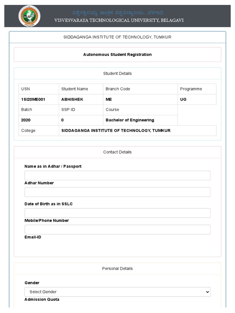 VTU Exam Application Form | PDF