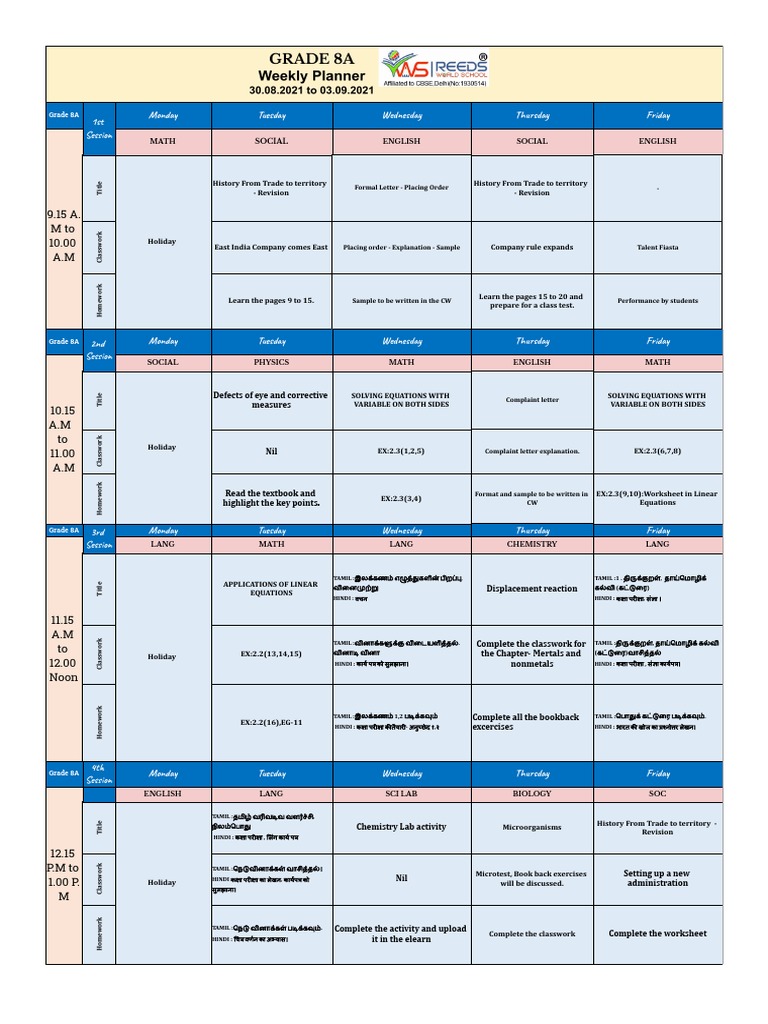 Grade 8 timetable and subject schedule | PDF