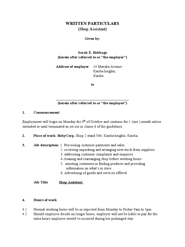 Shop Assistant Contract | PDF | Employment | Salary