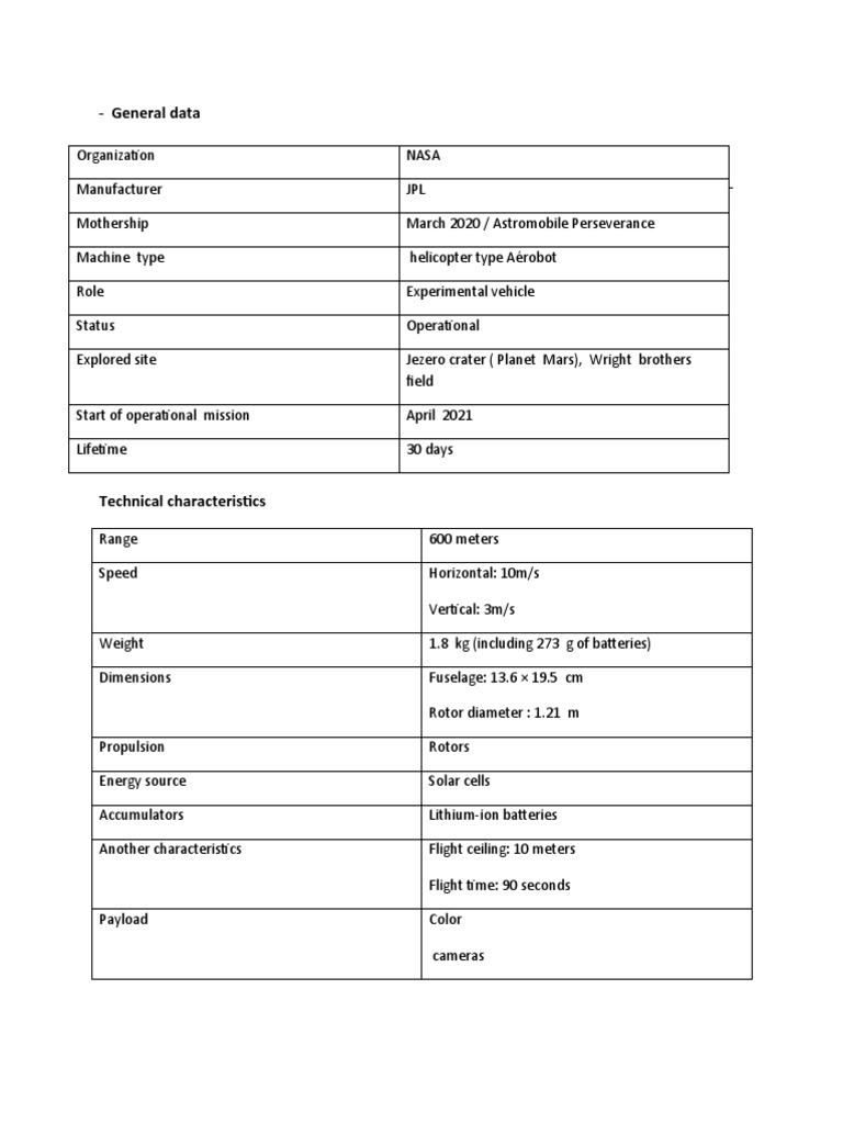 NASA Mars Helicopter Specs and Mission | PDF
