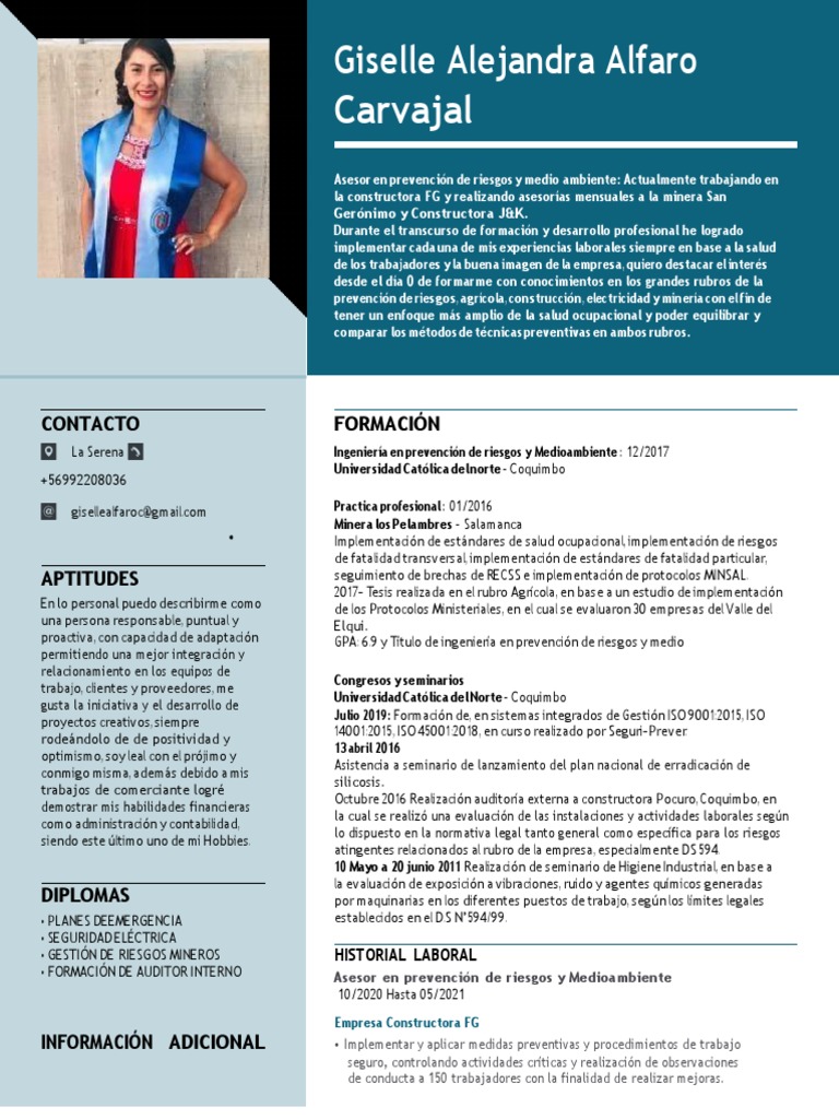 Curriculum vitae de Giselle Alejandra Alfaro Carvajal, Ingeniera en Prevención de Riesgos y ...