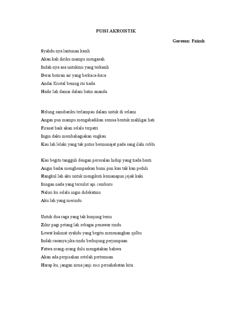 Puisi Akrostik Rindu oleh Faizah | PDF