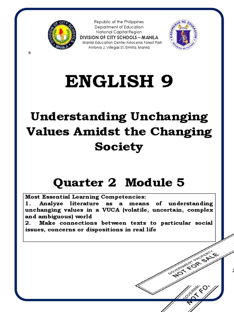 English 9: Understanding Unchanging Values Amidst The Changing Society ...