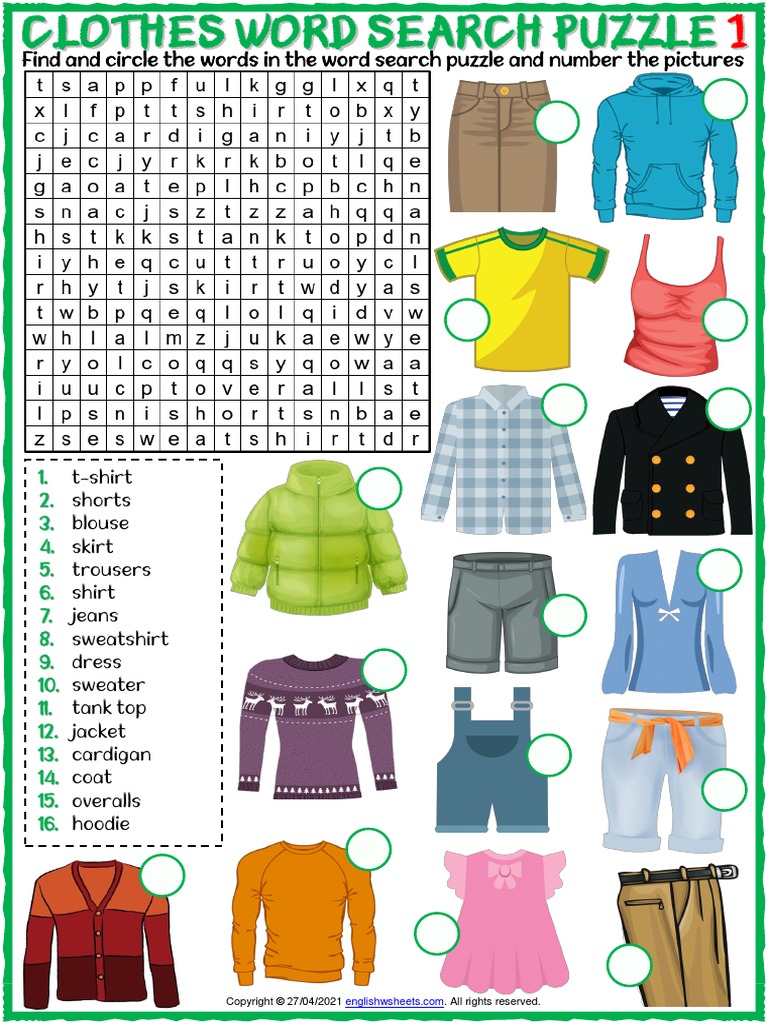 Clothes Vocabulary Esl Word Search Puzzle Worksheets For Kids | PDF ...
