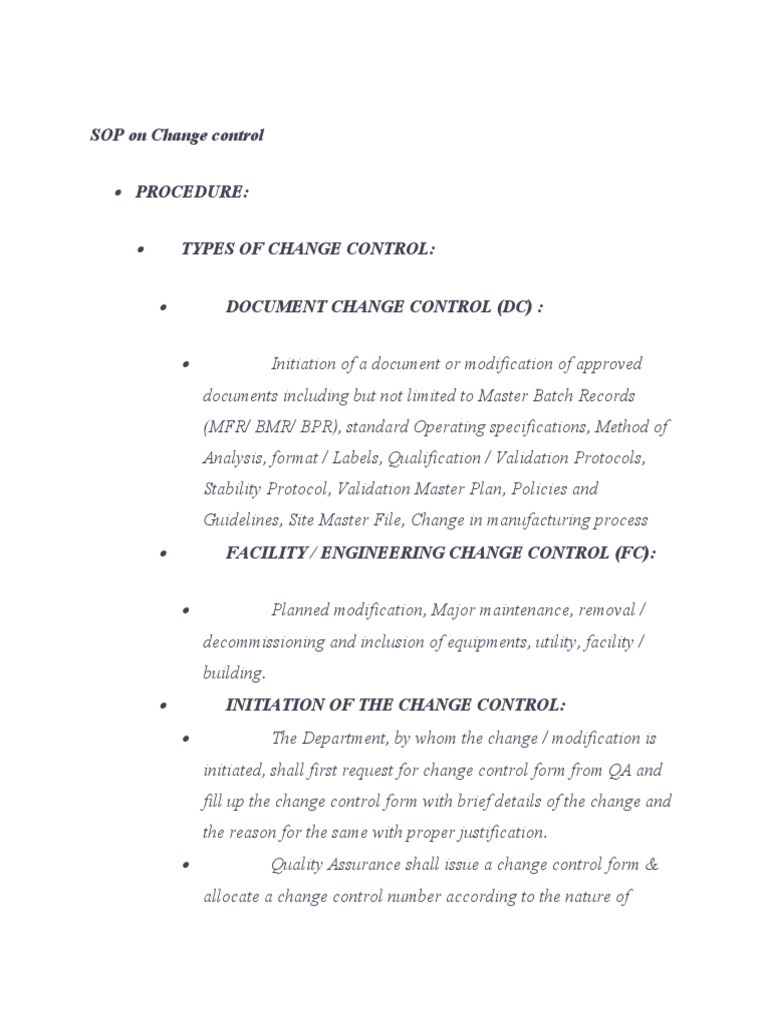 Procedure: : SOP On Change Control | PDF | Specification (Technical Standard) | Quality Assurance