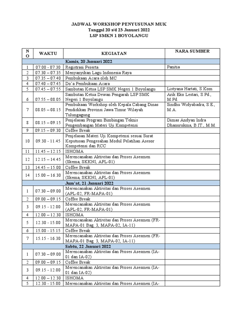 Jadwal Workshop Penyusunan Muk | PDF