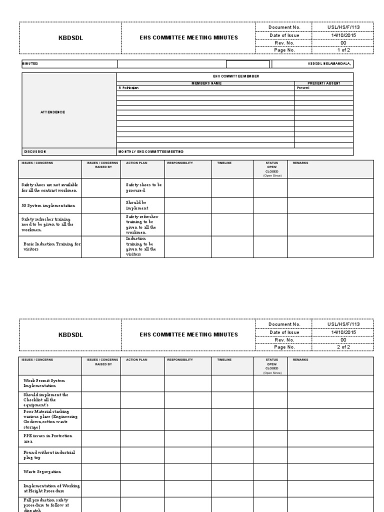 KBDSDL: Ehs Committee Meeting Minutes | PDF | Safety