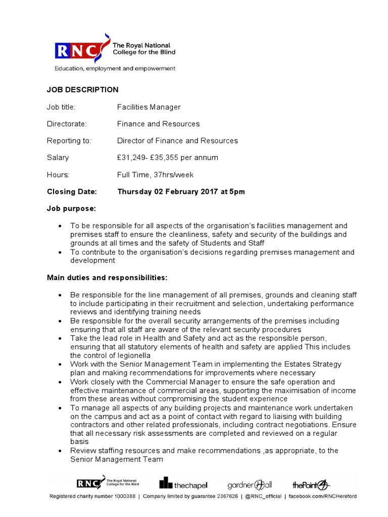 Facilities Manager Job Description | PDF | Occupational Safety And ...