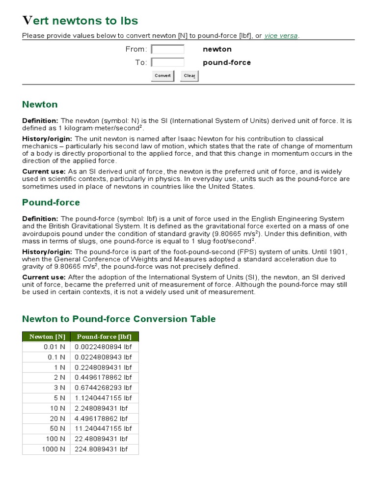 Vert Newtons To Lbs PDF Force Physics
