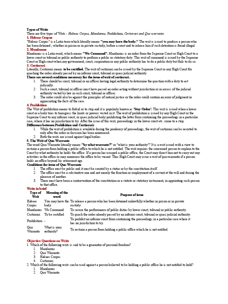 Types of Writs | PDF | Habeas Corpus | Certiorari