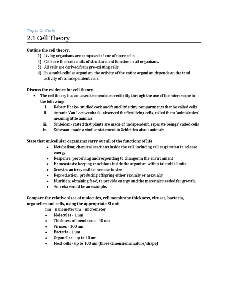 2.1 Cell Theory: Topic 2: Cells | PDF | Mitosis | Cell Membrane