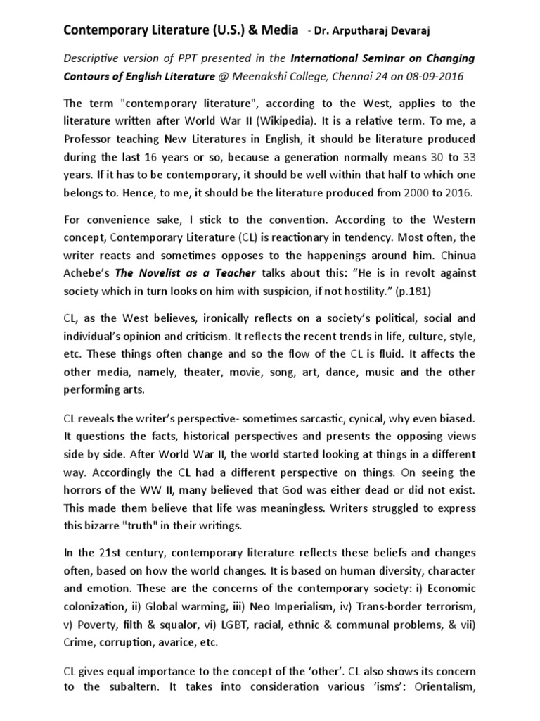 Contemporary Literature (U.S.) & Media: Contours of English Literature ...