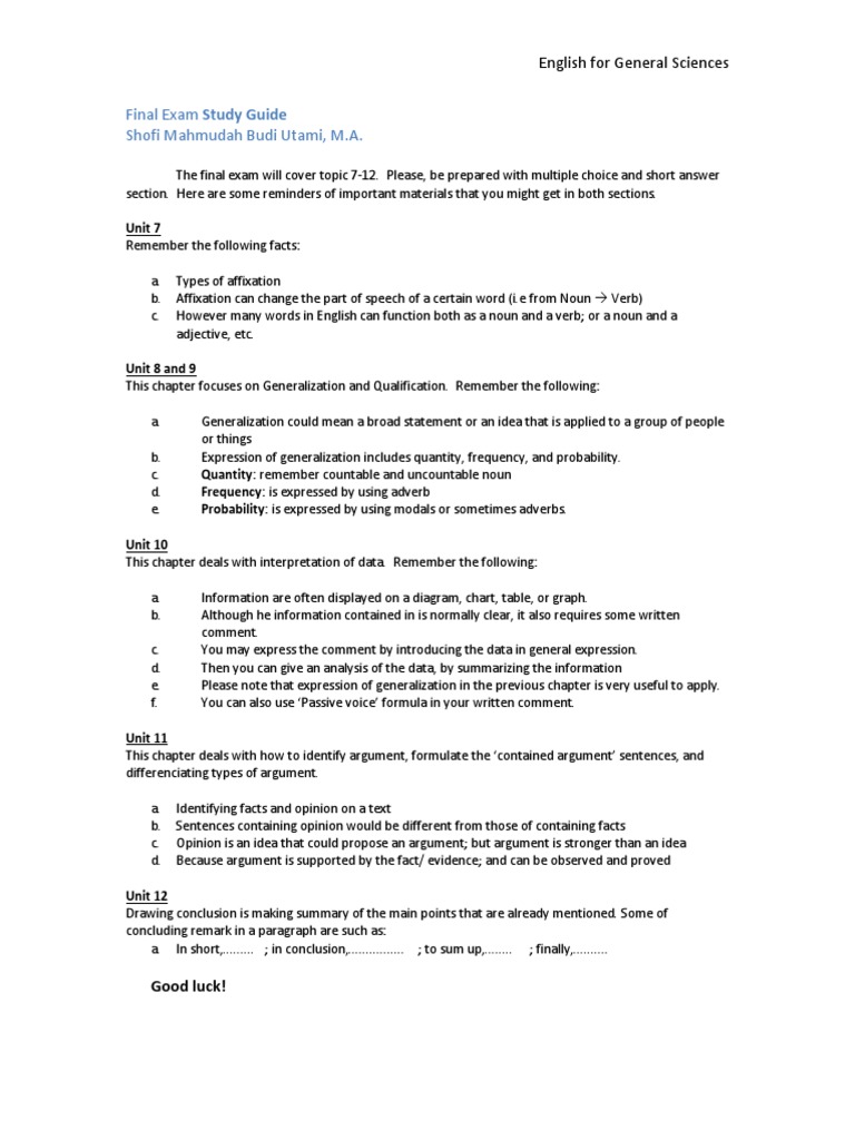 Final Exam Study Guide | PDF | Noun | Adverb