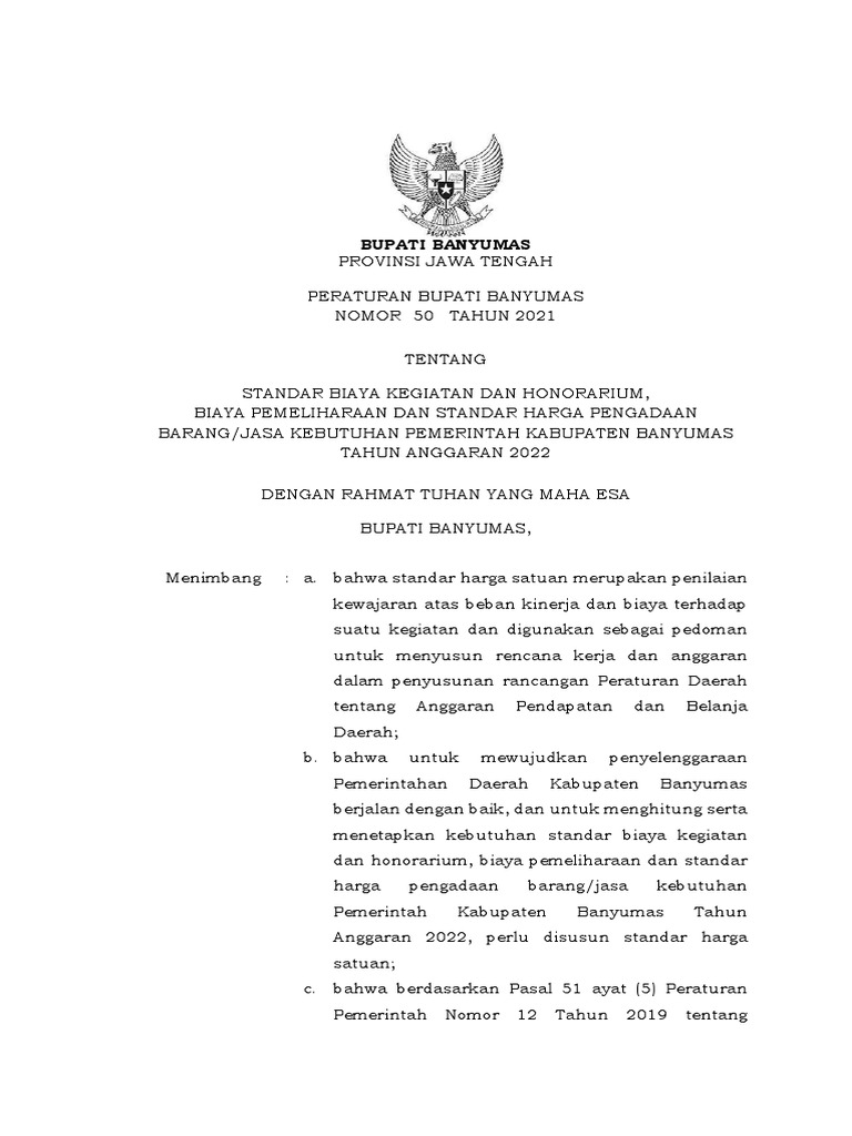 Perbup Nomor 50 Tahun 2021 Tentang SSH 2022 | PDF