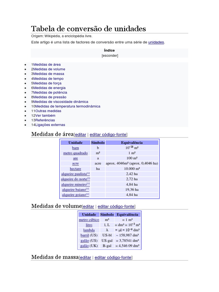 Tabela de Conversão de Unidades | PDF | Libras por polegada quadrada ...