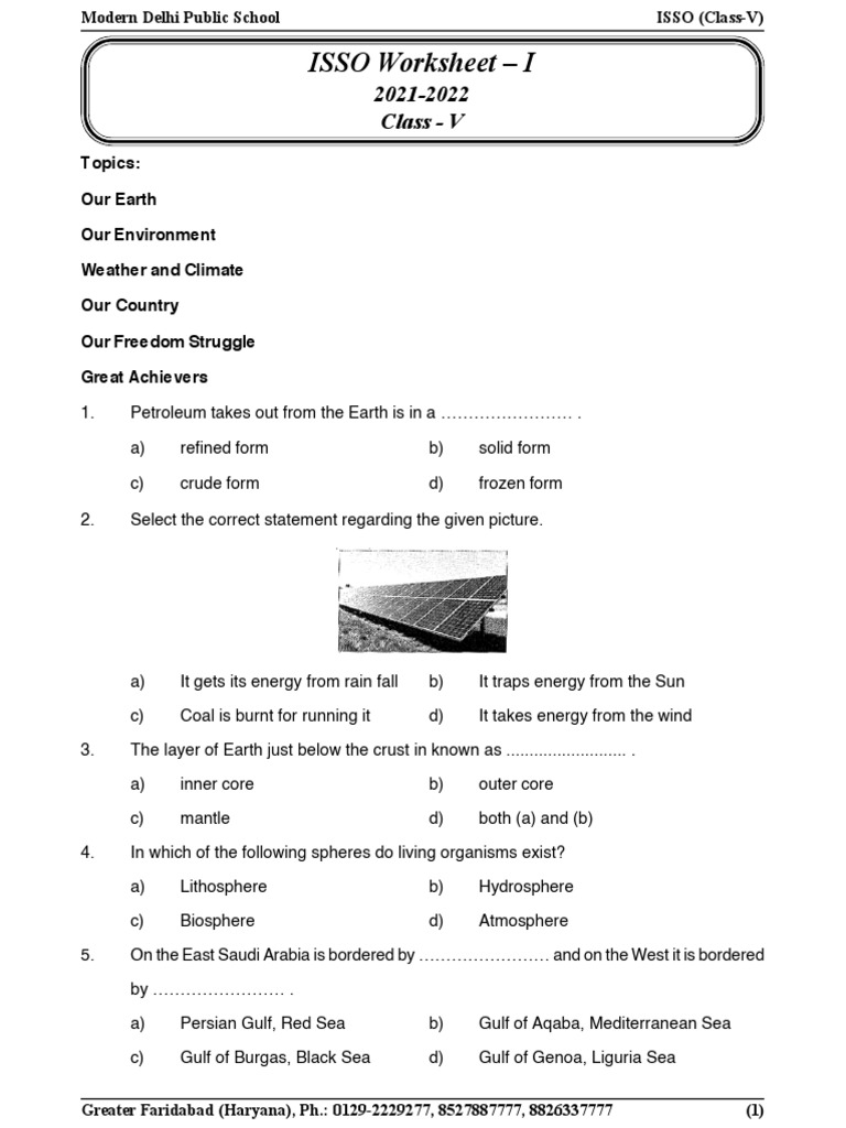 ISSO Worksheet - I: 2021-2022 Class - V | PDF | Earth