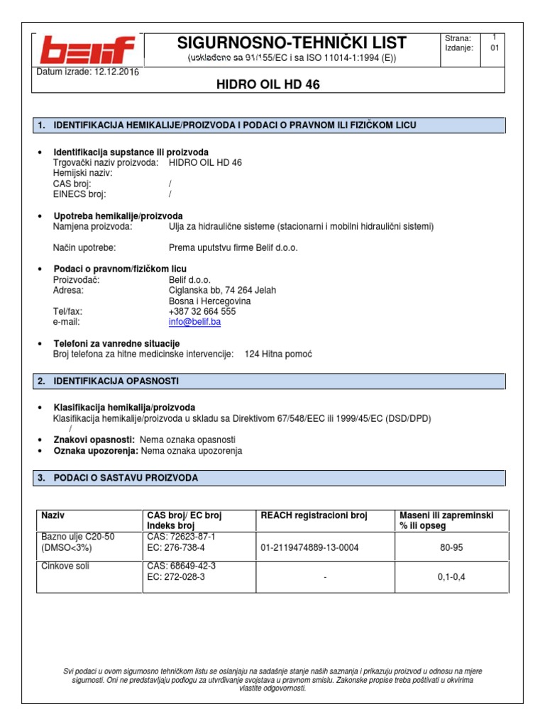 Sigurnosno-Tehnički List: Hidro Oil HD 46 | PDF