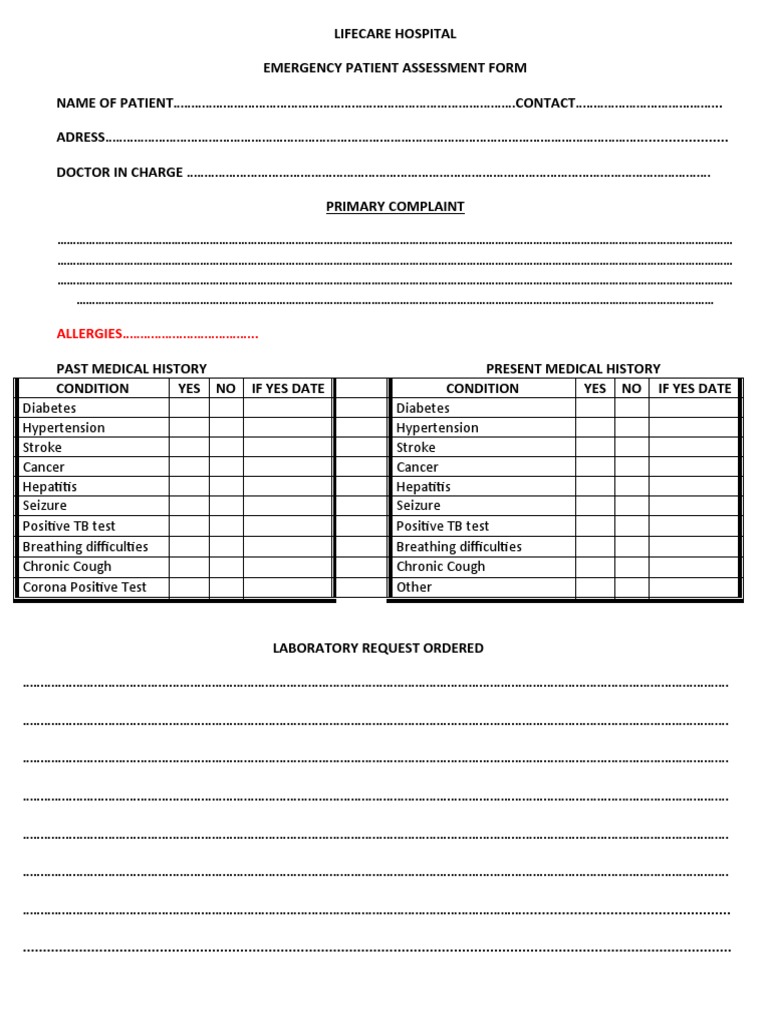 Emergency Patient Assessment Form | PDF | Chronic Condition | Epidemiology