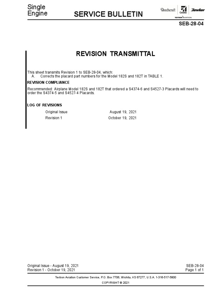 Service Bulletin: Revision Transmittal | PDF | Aerospace | Transport
