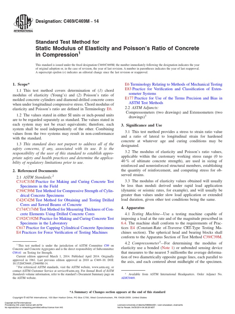 Astm C469 - C469M - 14 | PDF | Young's Modulus | Strength Of Materials