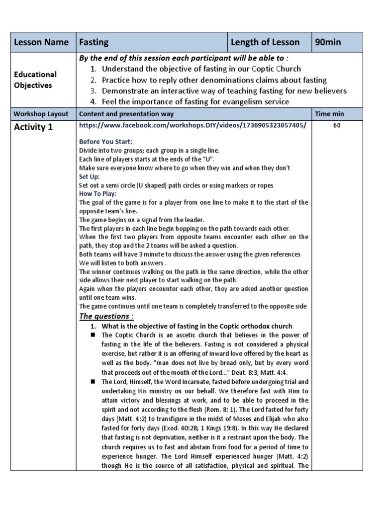 Lesson Name Fasting Length of Lesson 90min: by The End of This Session ...