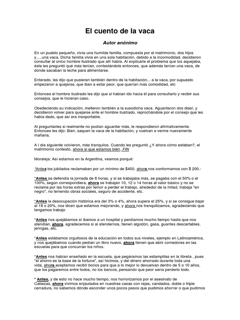 Moraleja del cuento de la vaca | PDF