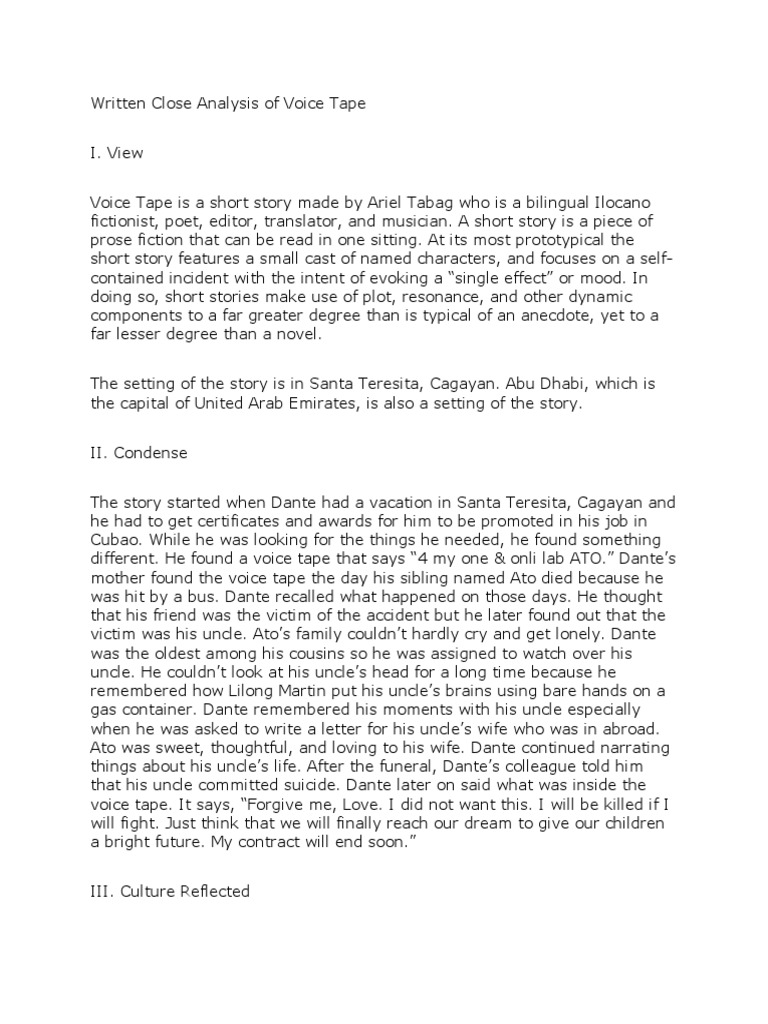 Written Close Analysis of Voice Tape | PDF | Funeral | Short Stories