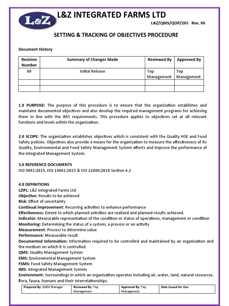205 Setting & Tracking of Objectives Procedure | PDF | Quality ...
