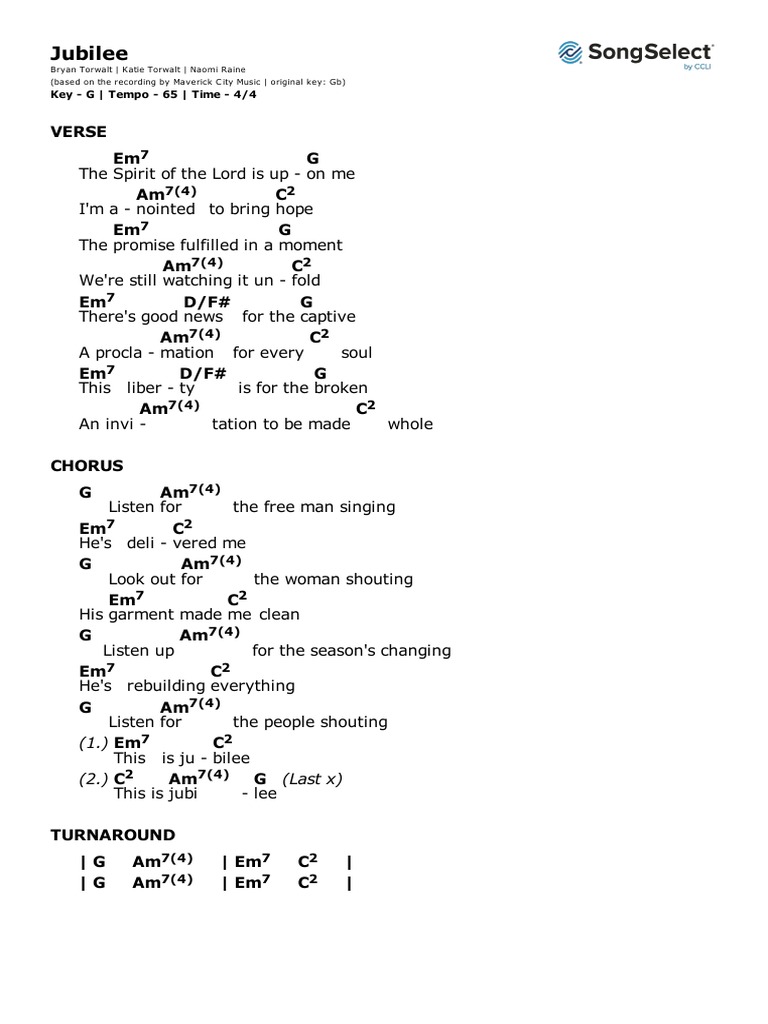 Jubilee: Verse em G Am C em G Am C em D/F# G Am C em D/F# G Am C | PDF