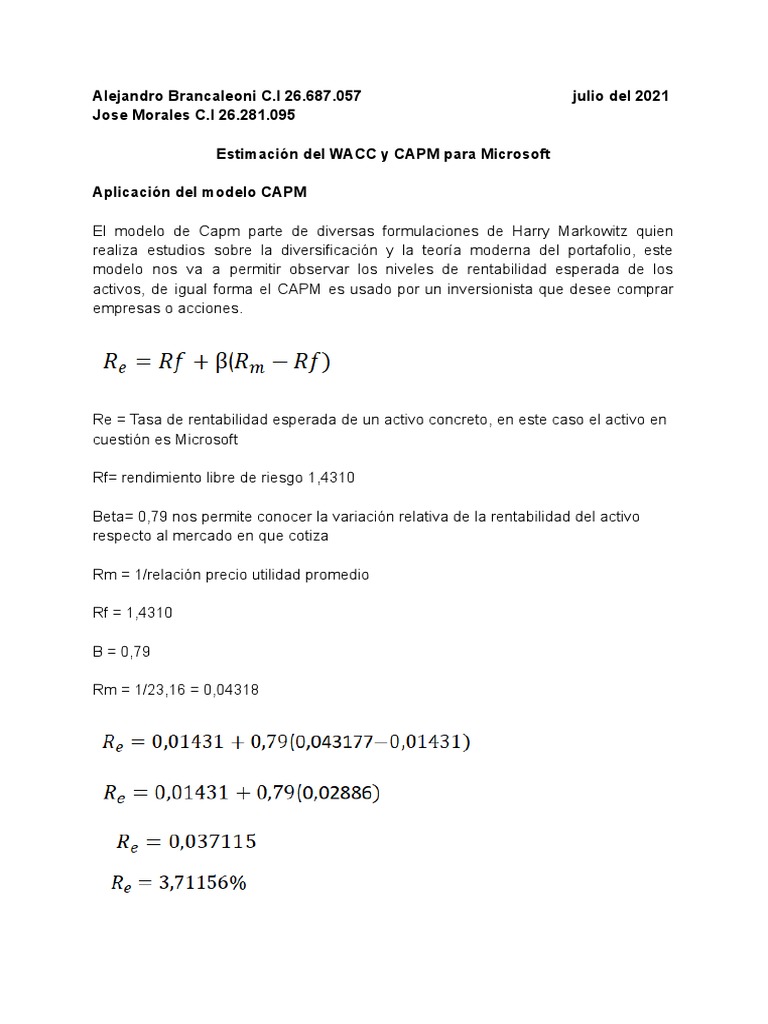 WACC y CAPM de Microsoft: Análisis Financiero | PDF | Modelo de fijación de precios de activos ...