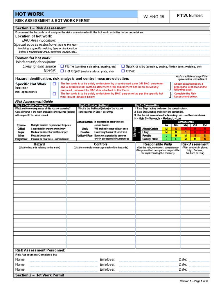 Hot Work Risk Assessment and Permit | PDF | Risk Assessment | Risk