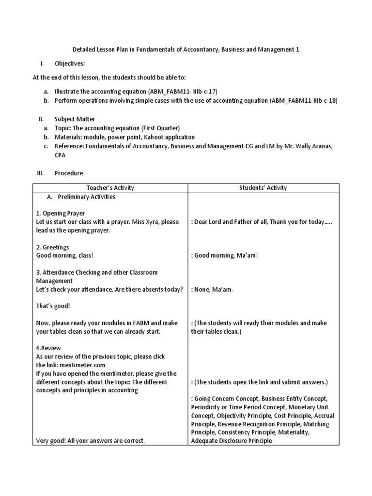 Fabm 1 - Lesson Plan | PDF | Equity (Finance) | Expense