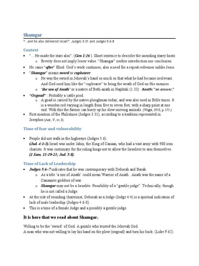 Shamgar | PDF | Book Of Judges | Jesus