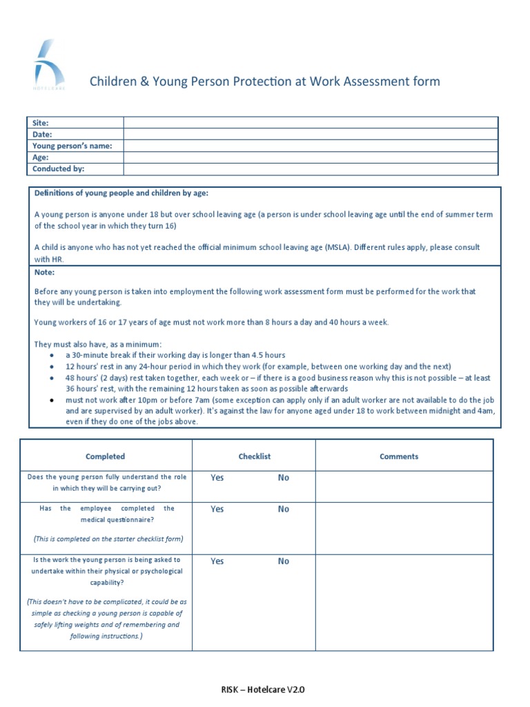 Young Persons Risk Assessment V2.0 October 2021 | PDF | Emergency | Risk