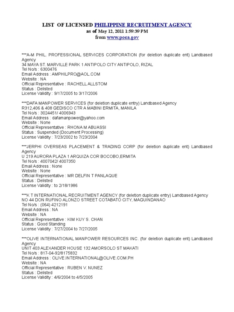 List of Philippine Recruitment Agency | PDF | Manila | Philippines