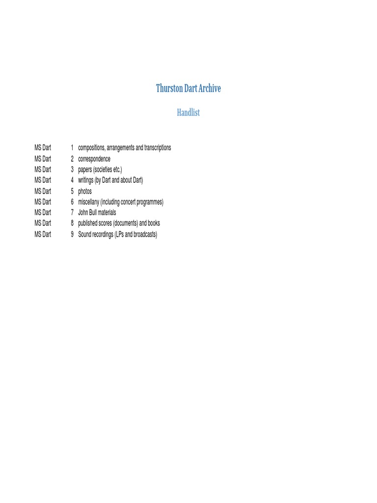Handlist Thurston Dart Archive | PDF | Manuscript | Classical Music