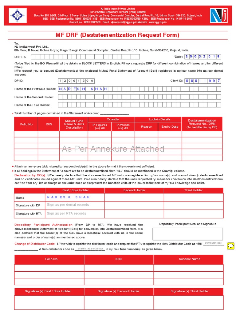 As Per Annexure Attached: MF DRF (Destatementization Request Form ...