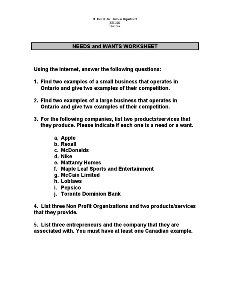Needs and Wants - Worksheet | PDF