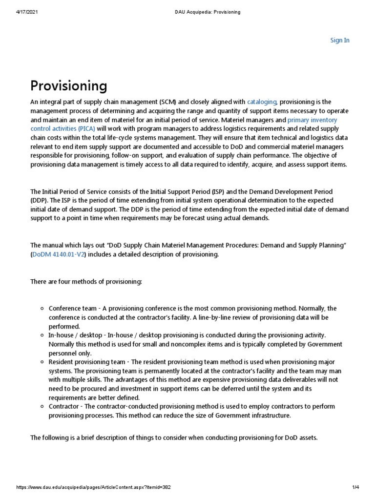 An Overview of DoD Provisioning Processes, Methods, and Considerations ...