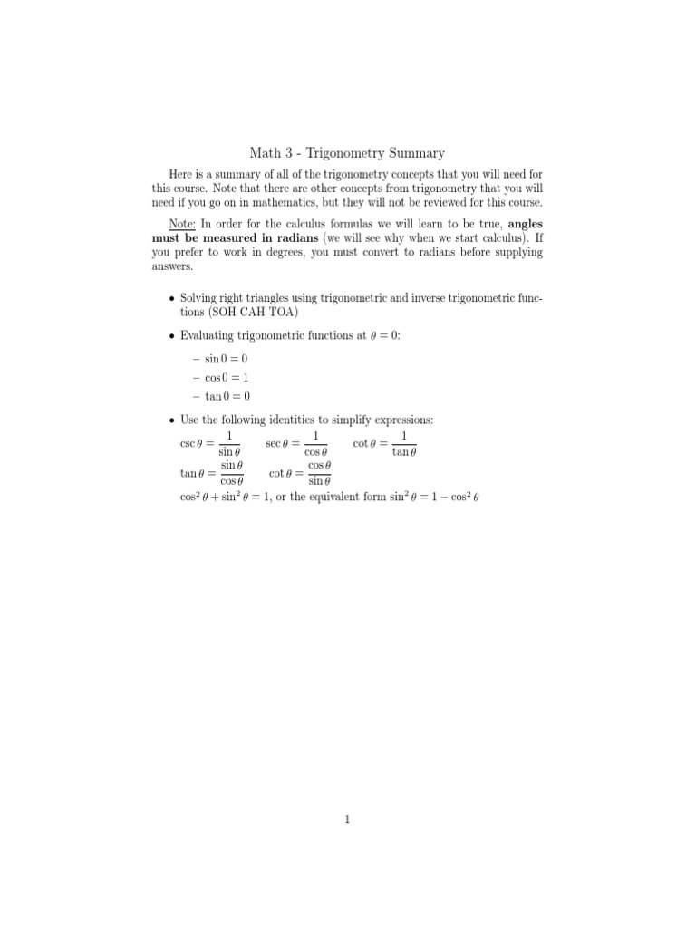 Math 3 - Trigonometry Summary | PDF