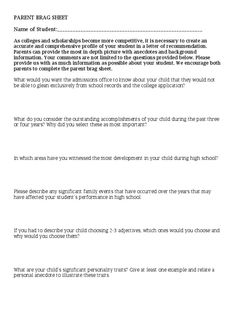 Parent Brag Sheet for College Apps | PDF