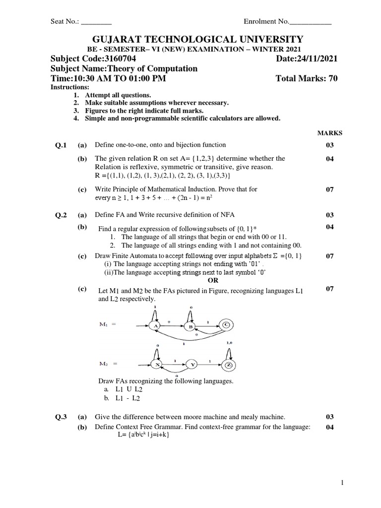 GTU Theory of Computation Exam Regular Expressions PDA Turing Machines | PDF | Metalogic ...