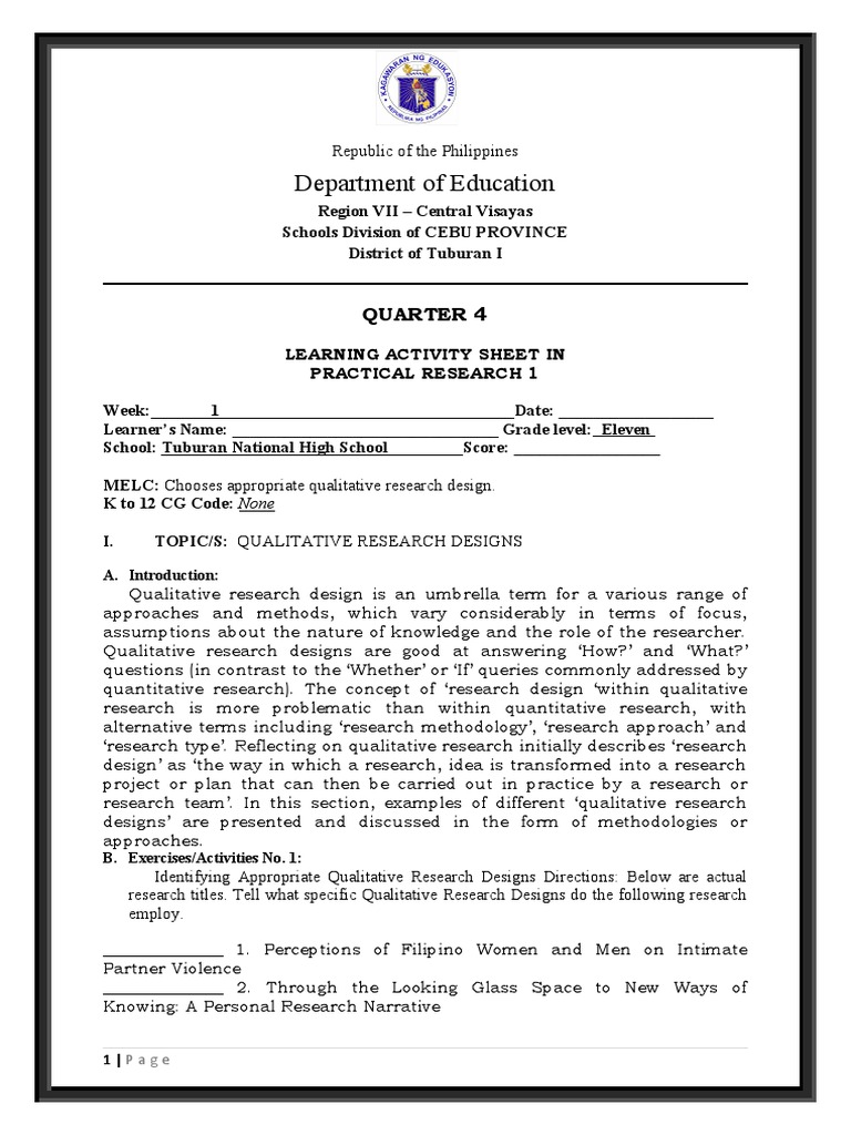 PR1 Q4 Week1 Learning-Activity-Sheet | PDF | Qualitative Research | Quantitative Research