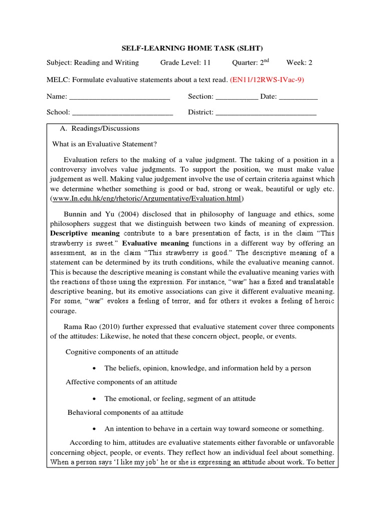 Self-Learning Home Task (SLHT) : (En11/12Rws-Ivac-9) | PDF | Attitude ...